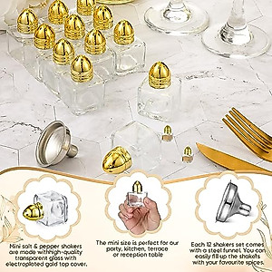 Uiifan 12 Pcs 0.5 oz Cube Shape Small Salt and Pepper Shakers with Gold Tone Tops Clear Mini Glass Seasoning Jars Spice Salt Shakers with Funnel for Gold Wedding Party Home Restaurant Kitchen Travel