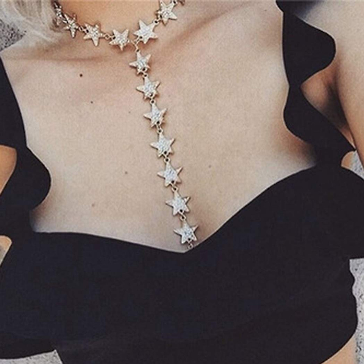 Nicute Star Y-Necklaces Rhinestone Long Necklaces Crystal Choker Chain Party Choker Necklace Jewelry for Women (Silver)