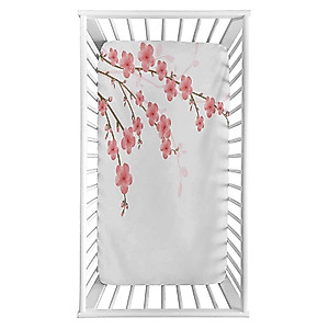Floral Fitted Crib Sheet,Cherry Blossom April Springtime Romantic Feminine Illustration Artwork Soft Colors Microfiber Silky Soft Toddler Mattress Sheet Fitted,28"x 52"x 8'',Baby Sheet for Boys Girls