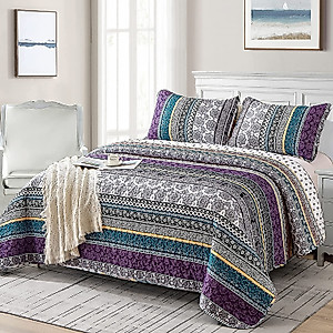 WONGS BEDDING Boho Quilt Set Full Size, Purple Bohemian 3 Pieces Quilt Sets, Lightweight Summer Bedspread Coverlet Bedding Set for All Season (90"x78")