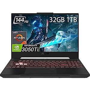 ASUS TUF Gaming A15 15.6" FHD 144Hz (32GB DDR5 RAM, 1TB PCIe SSD, AMD 8-Core Ryzen 7 6800H (Beat i7-11800H), RTX 3050 Ti) Gaming Laptop, RGB Backlit Keyboard, Type-C, Wi-Fi 6, Win 11 Home