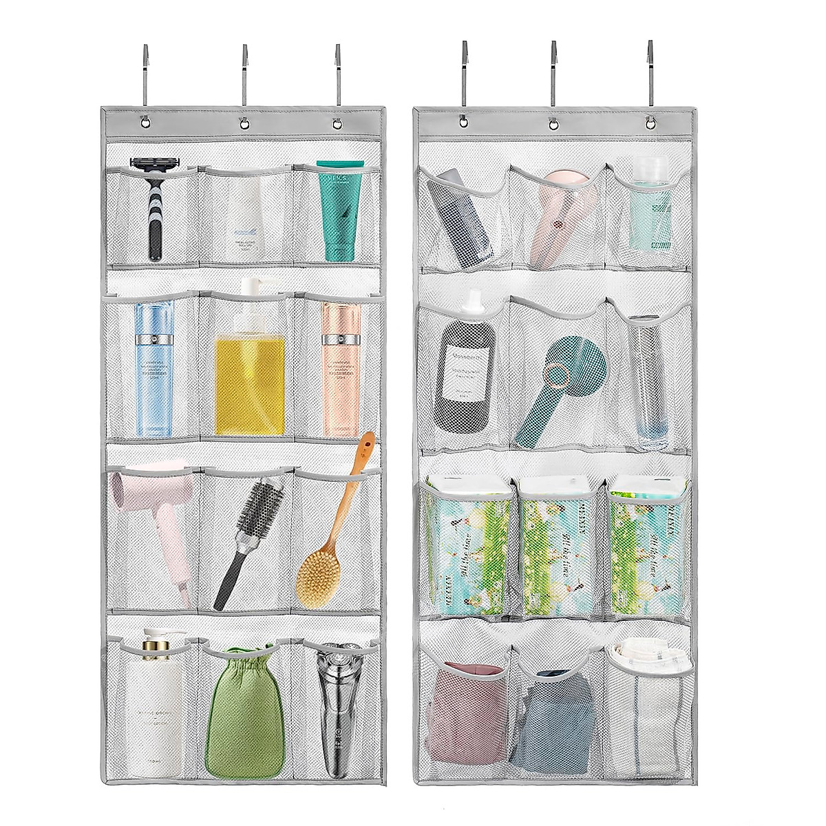 TEMUORG 2 Pcs Door Hanging Bathroom Organizer Mesh Shower Accessories Holder Bathtub Storage Bag with Mesh Pockets (12 Pockets)