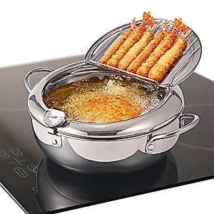 deep Fryer Pot,304 Stainless Steel with Temperature Control and Lid Japanese Style Tempura Fryer Pan Uncoated Fryer Diameter: 9.4"