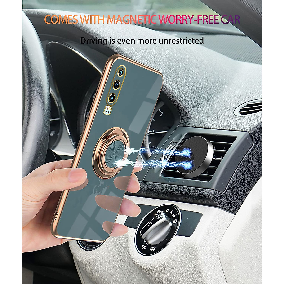 Wousunly Compatible with Huawei P30 Case Ring Holder Magnet Green, Huawei P30 Phone Case Silicone Shockproof Plate Luxury Slim Cover (Grey)