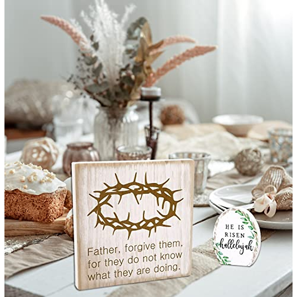 5 Pcs Easter Resurrection Scene Set He is Risen Wooden Tabletop Centerpieces The Tomb Was Empty Scene Decorations Crosses on Top of Rock Signs Christian Easter Decor for Jesus Easter Home Table Décor