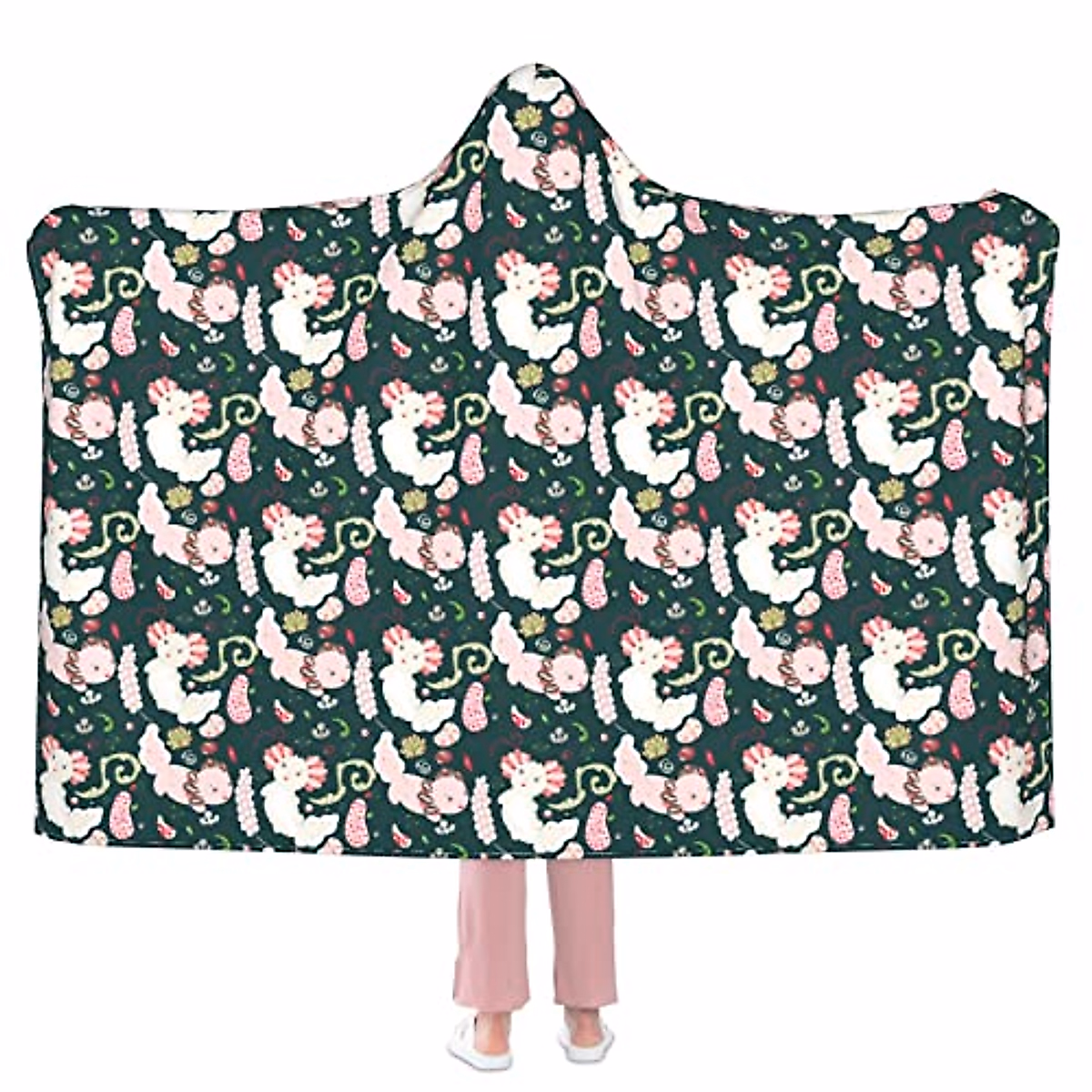 Cute Summer Kawaii Axolotl Hooded Blanket Fleece Throw Blanket Wrap Soft Warm Oversized Wearable Blanket for Women & Men