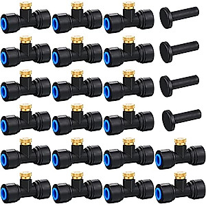Hotop Brass Misting Nozzles 1/4 Inch Slip Lock Mister Nozzles Thread Misting Nozzle Tees with Plugs for Outdoor Cooling System Patio Misting System (20)