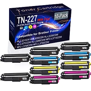 Kolasels (with Chip) 10-Pack (4BK+2C+2Y+2M) Compatible High Yield TN227 TN-227 (TN-227BK TN-227C TN-227Y TN-227M) Printer Toner Cartridge use for HL-L3210CW L3230CDW L3270CDW Printers