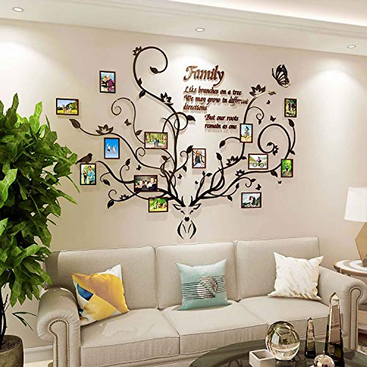 DecorSmart Antlers Family Tree Wall Decor for Living Room, 3D Removable Picture Frame Collage DIY Acrylic Stickers with Deer Head and Quote Family Like Branches on a Tree