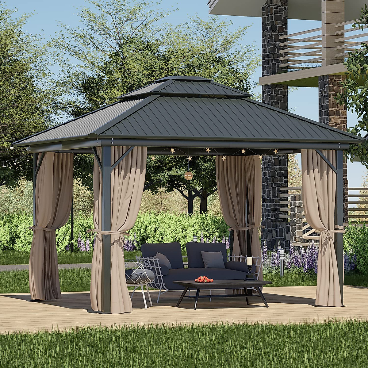 COWVIE Double Roof Galvanized Steel Patio Gazebo (10x12 ft) with Curtains and Netting for Patio, Backyard, Deck, Lawns