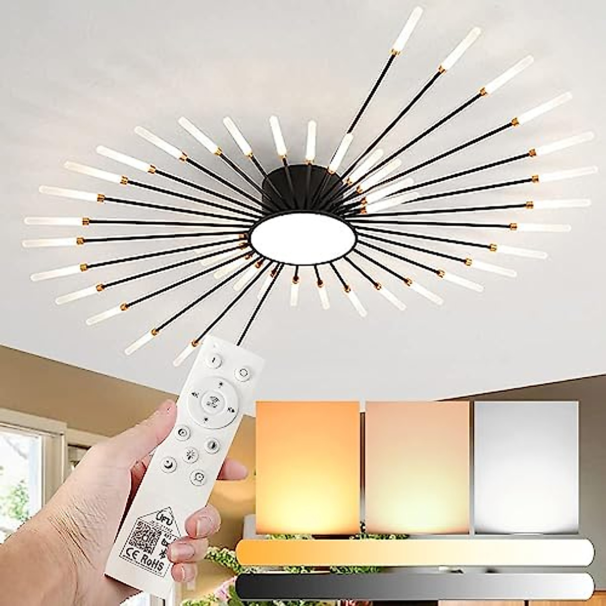 51 Inch Dimmable LED Ceiling Light Fixture,42 Lights Ceiling Lights Flush Mount Chandelier Black Indoor Lighting for Living Room,42W+12W Firework Deco Close to Ceiling Light with Remote Control