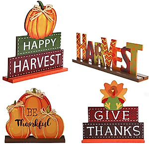 MorTime 4 Pack Thanksgiving Themed Table Centerpiece Signs, Wood Pumpkin Table Decor Harvest Autumn Glittery Pumpkins Table Topper for Home Office Thanksgiving Decorations