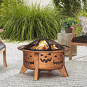Sunjoy Fire Pit 30 in. Outdoor Wood-Burning Fire Pit, Patio Jack-o-Lantern Motif Round Steel Firepit Large Fire Pits for Outside with Spark Screen and Poker