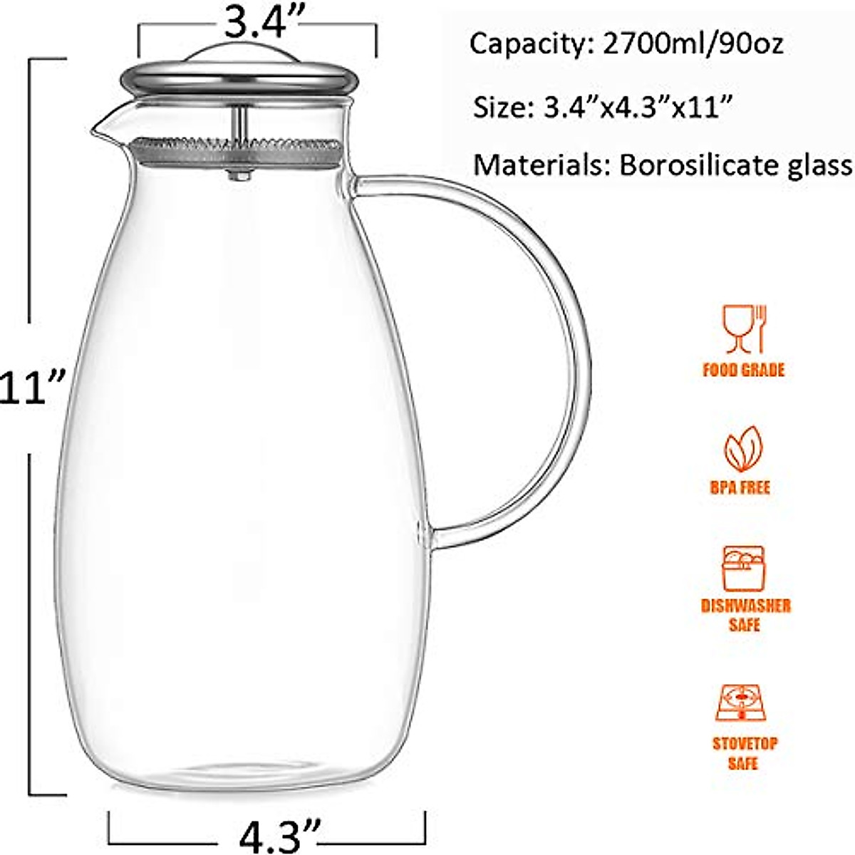 [90 OZ] Glass Pitcher with Stainless Steel Lid, Hot/Cold Water Jug, Juice and Iced Tea Borosilicate Glass Beverage Carafe, 100% Lead-free