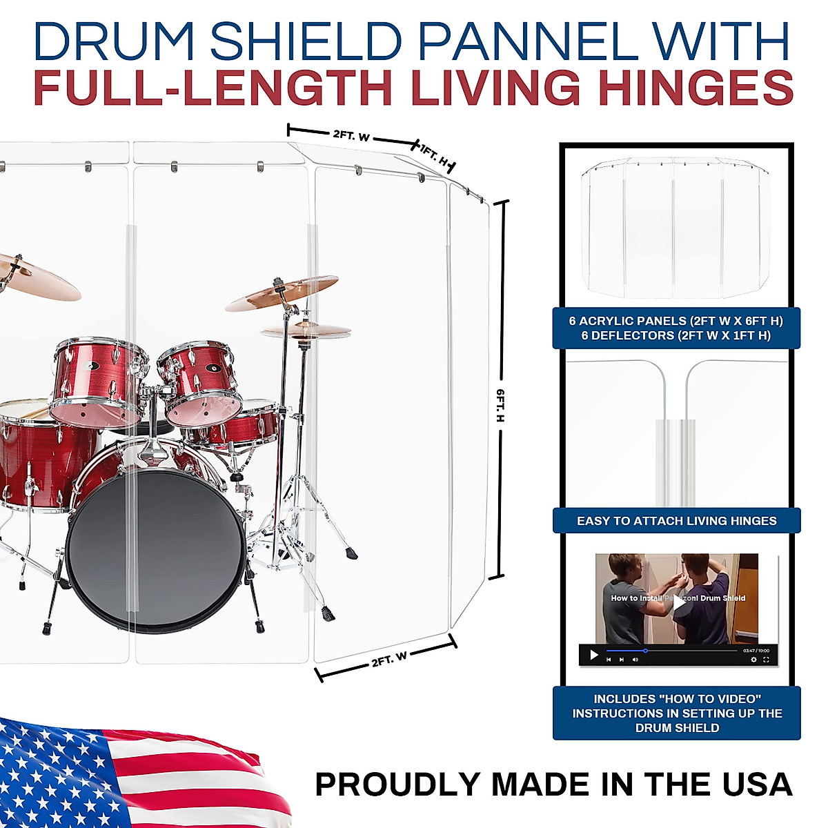 PENNZONI Drum Shield 6ft w/Living Hinges & Deflectors, Comes w/ 6 Drum Panels, Living Hinges & Deflectors, Premium Clear Acrylic Panels
