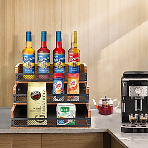 2 Pack 3 Step Liquor Bottle Display Shelf, Coffee Syrup Rack Organizer, Countertop Liquor Wine Rack, 12 Bottles Coffee Station Organizer with Fences & Handles, Retro Bar Shelf Stand for Liquor Whiskey