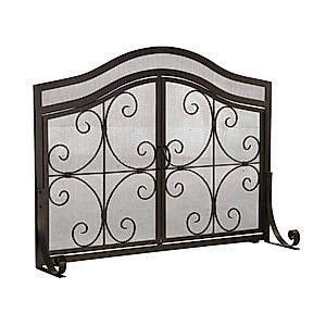 Plow & Hearth Metal Fireplace Screen Crest Arch Black | 44" W x 33" H | 2 - Door | Spark Guard Indoor Grate | Iron Fire Place Cover | Wood Burning Stove Decorative Accessories