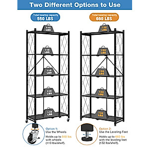ALANNG 70.7" H Metal Storage Shelves, 5 Tier Folding Storage Shelves on Wheels, Heavy Duty Collapsible Shelving Unit, No Assembly Storage Rack for Kitchen, Basement, Pantry (Black,1 Pack)