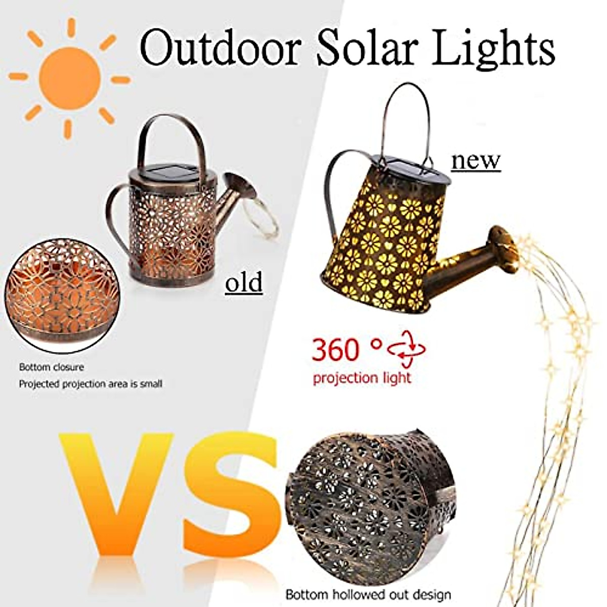 Solar Watering Can with Cascading Lights, Adorable Outdoor Hanging Solar Lantern, Durable Metal Waterproof Garden Lights Cute Addition for Garden Yards Rose Bush Patio Pathway Party