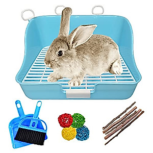 Hamiledyi Rabbit Litter Box, Small Animal Corner Potty Trainer, Bunny Toilet Pets Plastic Rectangle Cage Bedding Box Pet Pan with Chew Toys for Guinea Pigs Hamster Chinchilla Ferret