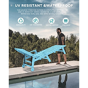 SERWALL Patio Chaise Lounge Chair Set of 2, 5 Positions Adjustable HDPE Outdoor Lounge Chair for Pool, Poly Lounge Chair with Rolling Wheels & Cup Holder for Poolside, Deck, Light Blue