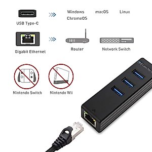 Cable Matters 4-in-1 USB C Hub Ethernet, Support Gigabit Network, USB C Ethernet Hub, Thunderbolt LAN Adapter with 10/100/1000Mbps Network, Black