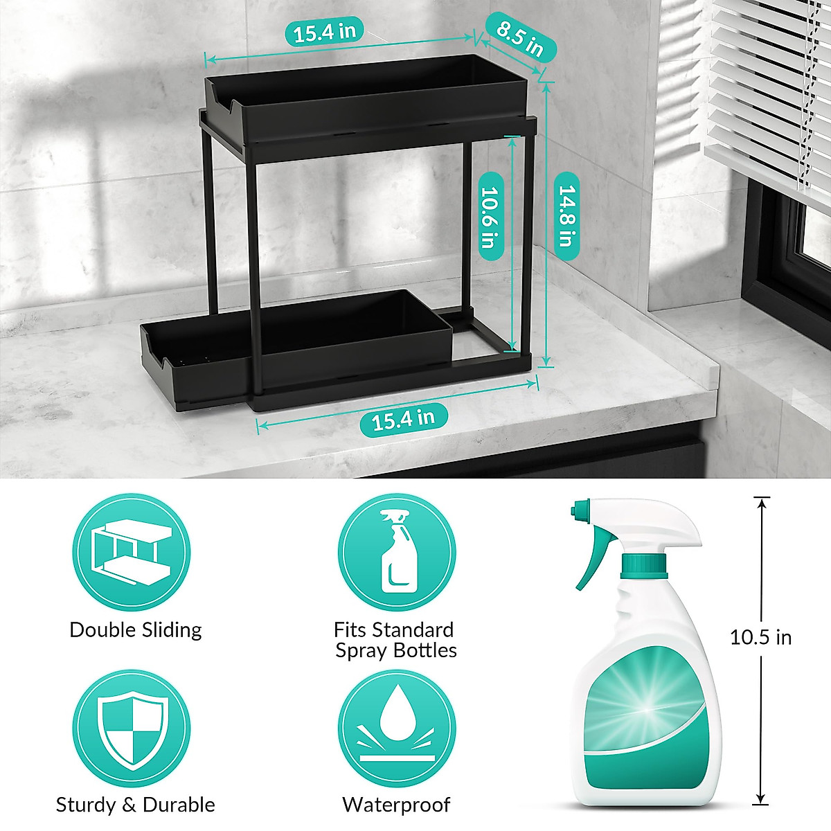 Under Sink Organizers and Storage, LUX DAILY Bathroom Storage with 2-Tier Sliding Storage Shelves, Kitchen Under Sink Organizer for Under Kitchen Bathroom Sink, Countertop Organizer