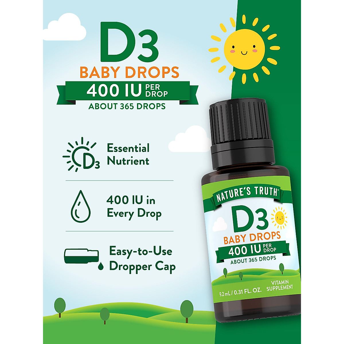 Nature's Truth Vitamin D Drops for Infants | 400 IU | 9.2 mL | D3 Drops for Kids | Vegetarian, Non-GMO, Gluten Free Supplement