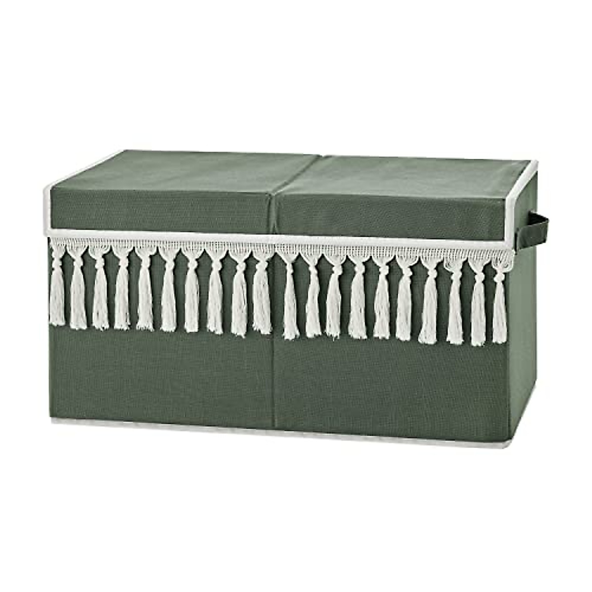 Sweet Jojo Designs Dark Green Boho Chic Girl Boy Unisex Small Fabric Toy Bin Storage Box Baby Nursery Solid Sage Hunter Ivory Bohemian Gender Neutral Linen Macrame Modern Farmhouse Designer Minimalist