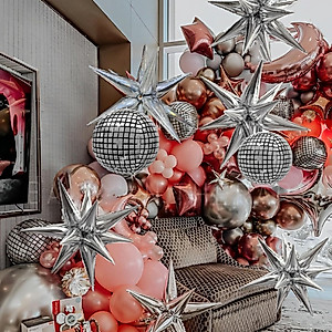 Inflatable Disco Ball Balloons Pack of 9-22” Silver Mylar Foil Disco Party Balloons with Star Balloons, Ribbon & Pipe for New Year's Disco Ball Decorations Party, Bachelorette, Birthday Décor