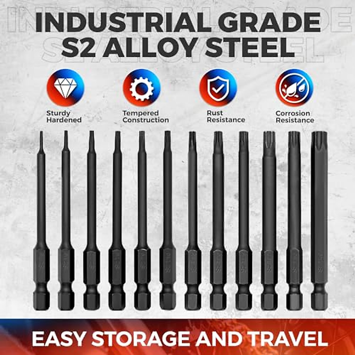 InPower Torx Bit Set, 12-Piece Security Bit Set, S2 Steel Tamper Proof Star Bit Set with Bit Holder, 3" Long Drill Bit, 1/4" Hex Shanks