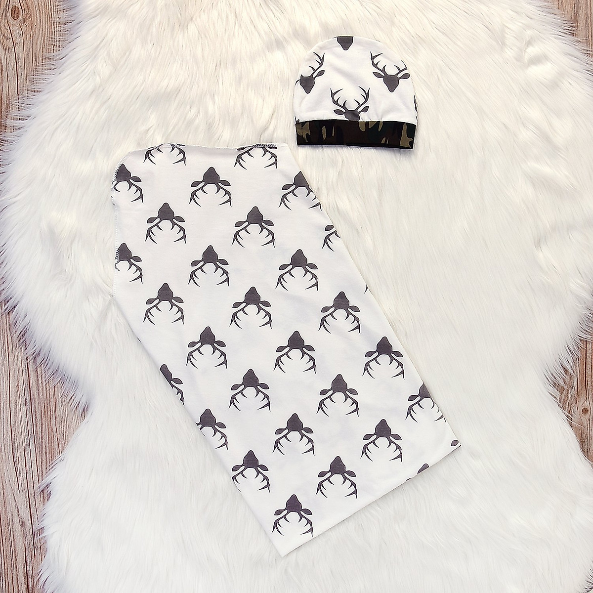 Soft Cotton Newborn Baby Swaddle Receiving Blanket Deer Printed Bath Towel with Hat Sets