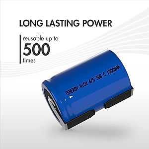 Tenergy 4/5 SubC 1.2 Volts 1300mAh NiCD Rechargeable Batteries with Tabs, Flat top, 15 Pack