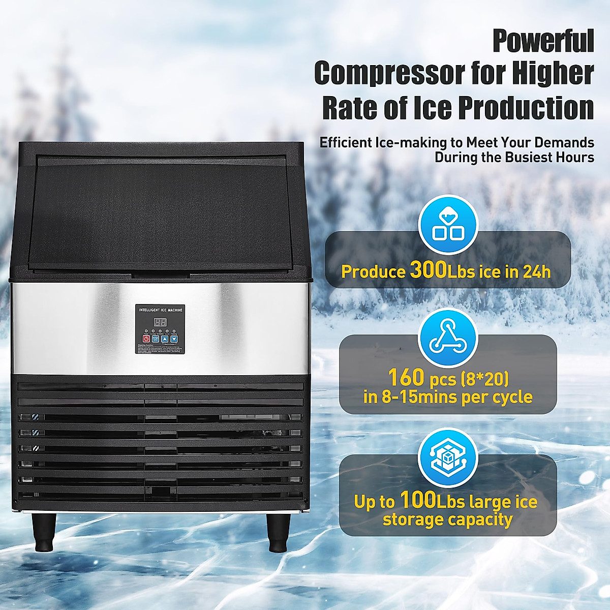 Commercial Ice Maker Machine 300LBS/24H with 100LBS Large Storage Bin, 160Pcs Clear Cube Ice for Restaurant Bar, Self Cleaning Freestanding Ice Maker, 110V