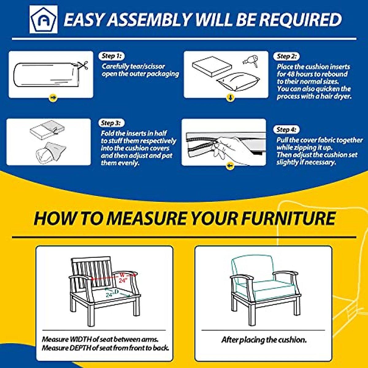 AAAAAcessories Outdoor Deep Seat Cushions for Patio Furniture, Water-Resistant Replacement Patio Chair Cushions, 24 x 24 x 5 inch, Navy Blue