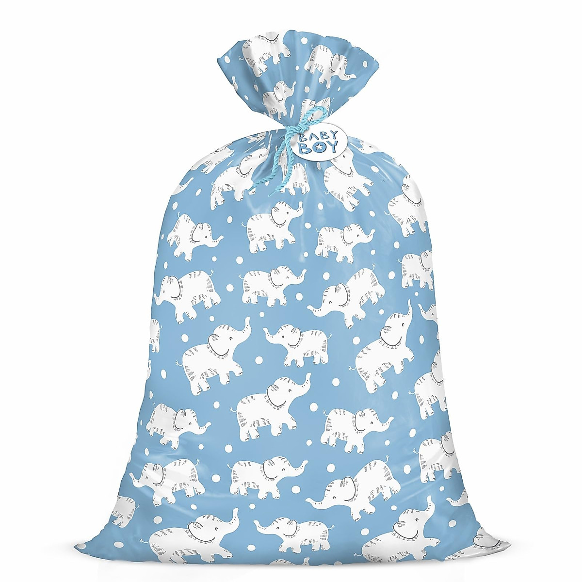 Loveinside Jumbo Large Plastic Gift Bag, Baby Boy Elephant Design Plastic Bag with Tag and Tie for Birthday, Baby Shower and Holiday - 56" x 36", 1 Pcs - Elephant Blue