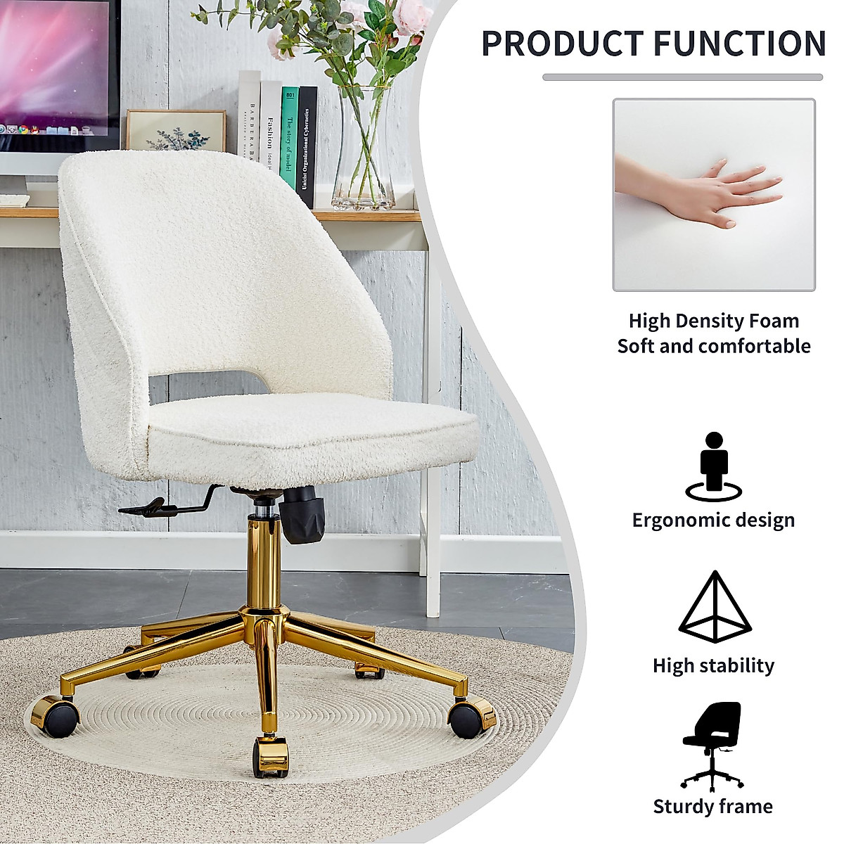 Gustonhon Modern Household Velvet Office Chair,Adjustable 360°Swivel Chair Armless Swivel Computer Chair,with Wheels High Back,Suitable for Living Room,Bedroom,Office,Hotel Dining Room (White)