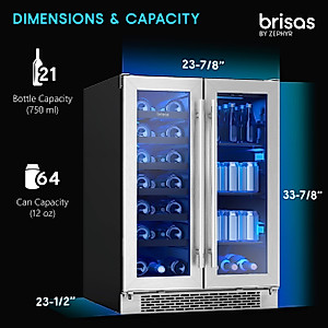 Zephyr Brisas 24 Inch Wine Fridge Dual Zone Under Counter Countertop Wine and Beverage Cooler Cabinet Home Bar Drink Beer Freestanding Refrigerator with Double Door 21 Bottles 64 cans