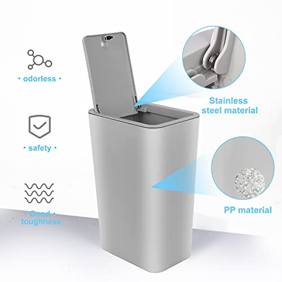 Odonata 3 Pack 10L / 2.6 Gallon Small Trash Can with Lid, Slim Garbage Can with Pop-Up Lid, Waste Basket for Bathroom, Kitchen, Bedroom, Powder Room, Craft Room, Office, College,RV.(Gray)