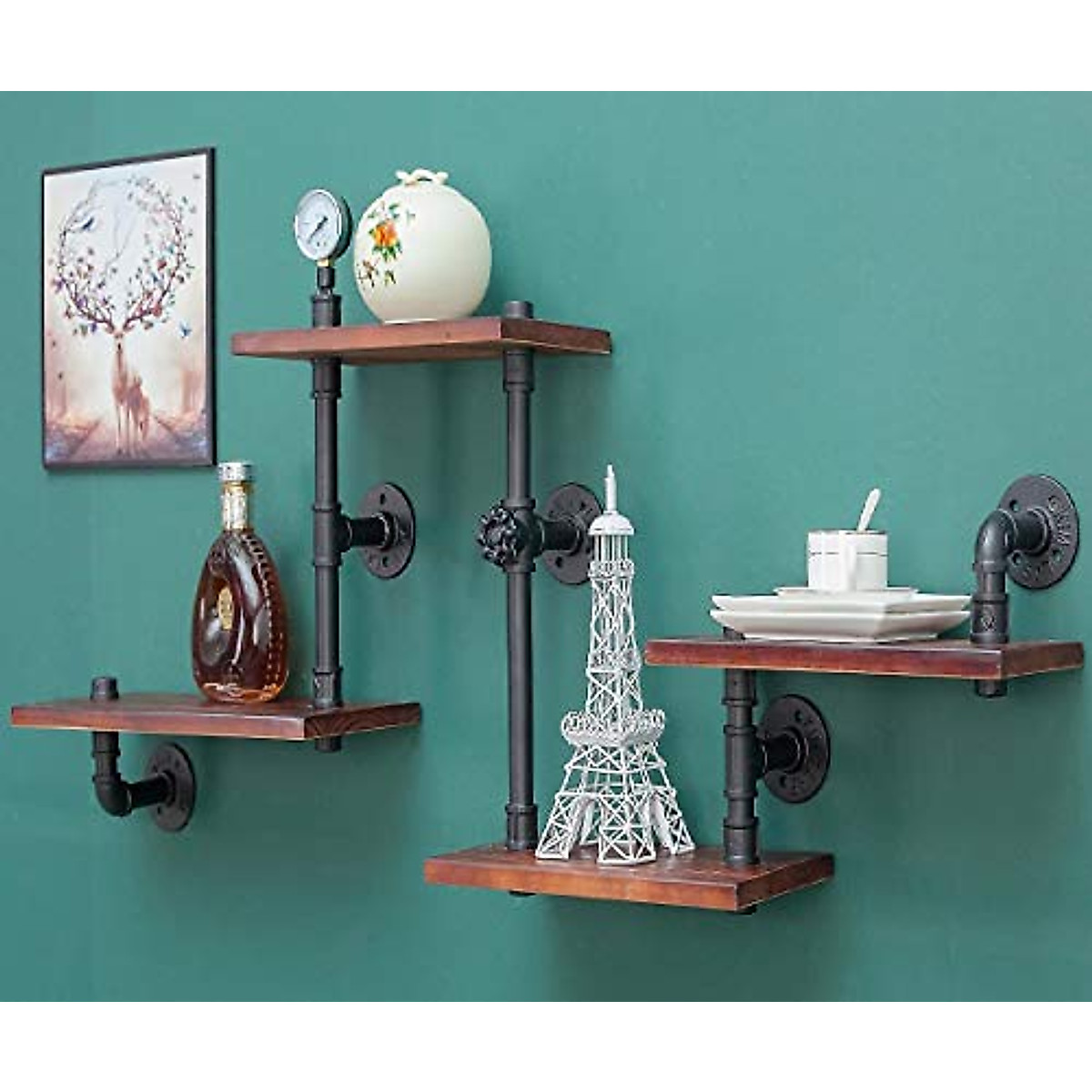 DOFURNILIM Industrial Rustic Wall Wood Pipe Ladder Floating Shelves - DIY Modern Storage Shelving Bookshelf for Bathroom Kitchen Office Home – Steampunk Bookcase (Floating Ladder shelves-51.18“W)