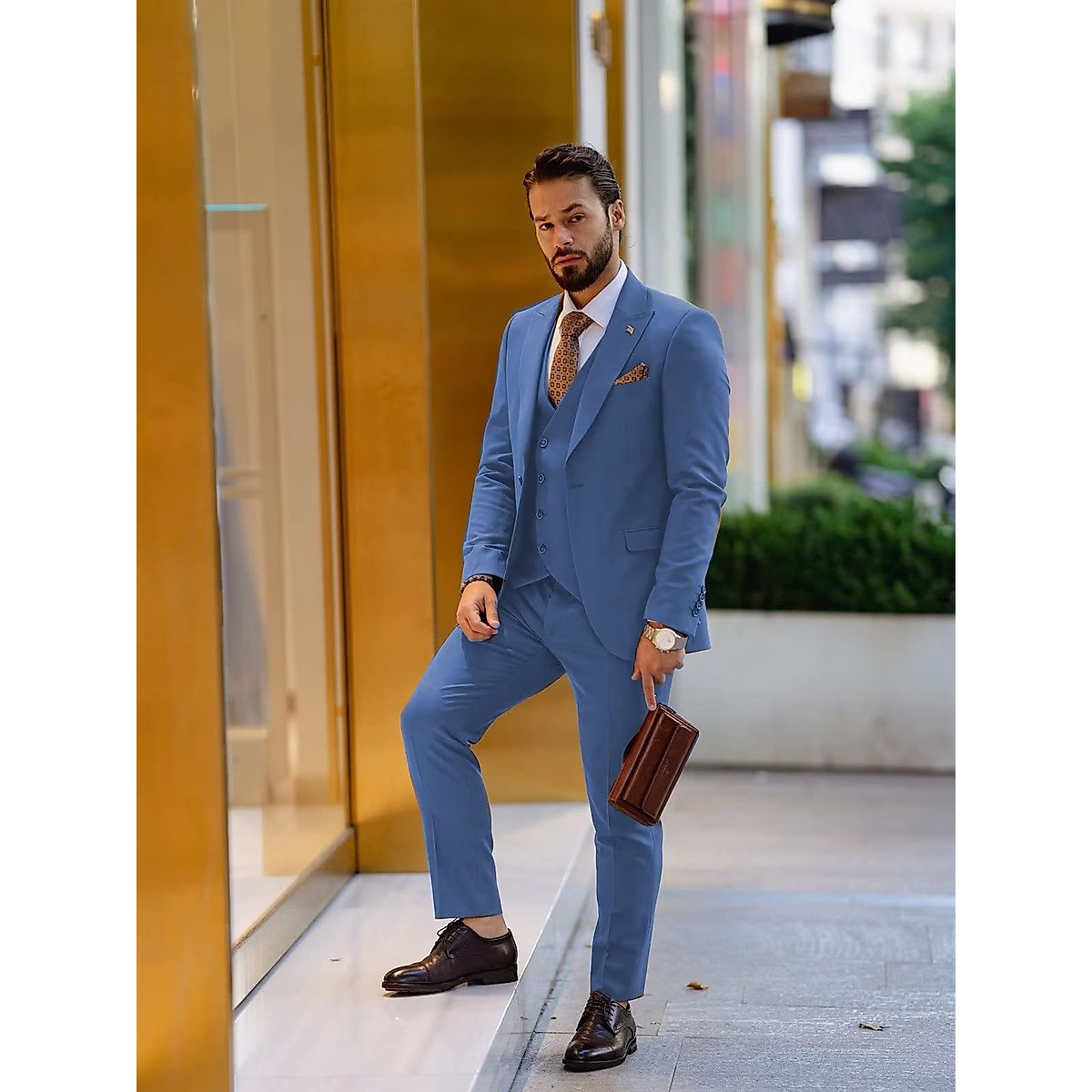 Wangyue 3 Piece Men's Suits Mens Suits Regular Fit Suit Mens 3 Piece Slim Suit Double Breasted Suit Men Orange Suits for Men,L