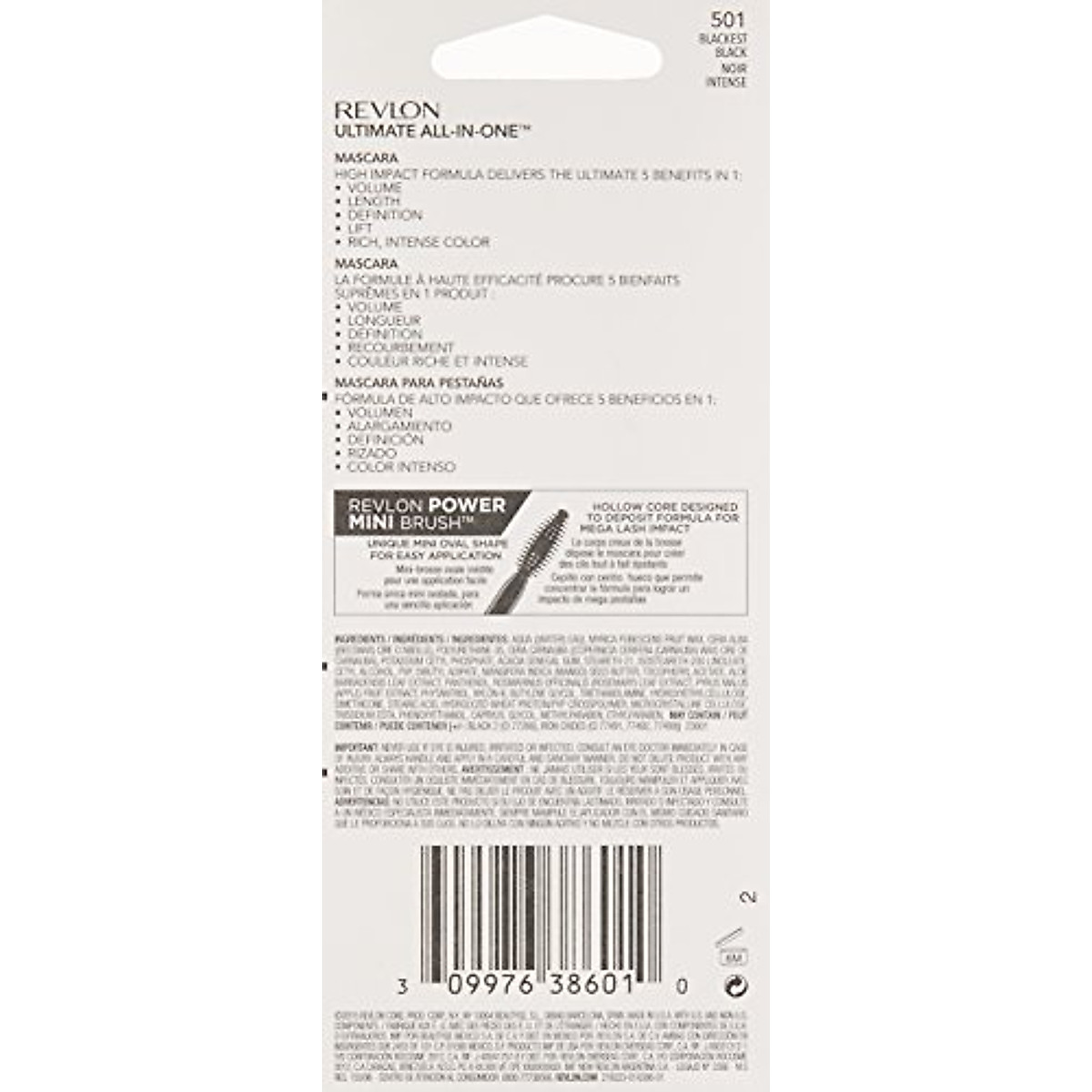 Revlon Mascara, All-in-One Eye Makeup, Volumizing & Lifting Mascara, No Clump, Smudge Proof, Flake Proof, 501 Blackest Black, 0.28 Fl Oz