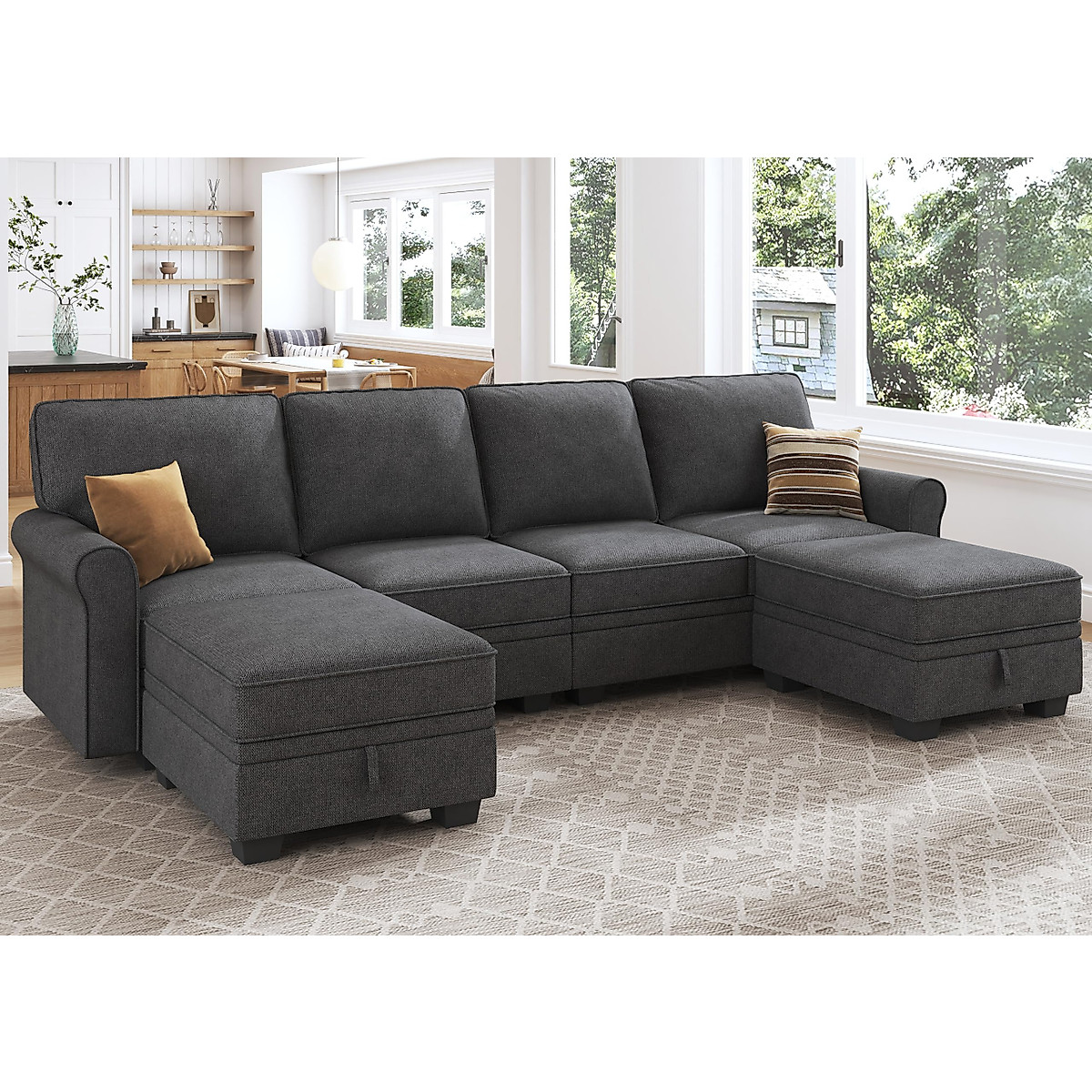 HONBAY U Shaped Sectional Couch with Storage Seat, Reversible Chaise, Convertible for Living Room, Dark Grey