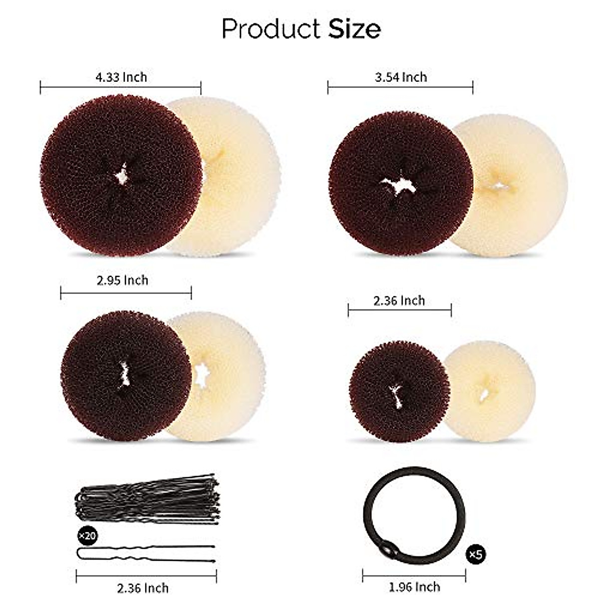 FANDAMEI Hair Donut Bun Makers Set - 4 Dark Brown & 4 Beige (2 Extra-Large, 2 Large, 2 Medium, 2 Small), 5 Elastic Bands, 20 Hair Pins