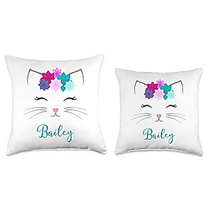 Kitty Cat Bailey Name Gifts Bailey Name Gift Girls Personalized Kitty Cat Bedroom Decor Throw Pillow, 18x18, Multicolor