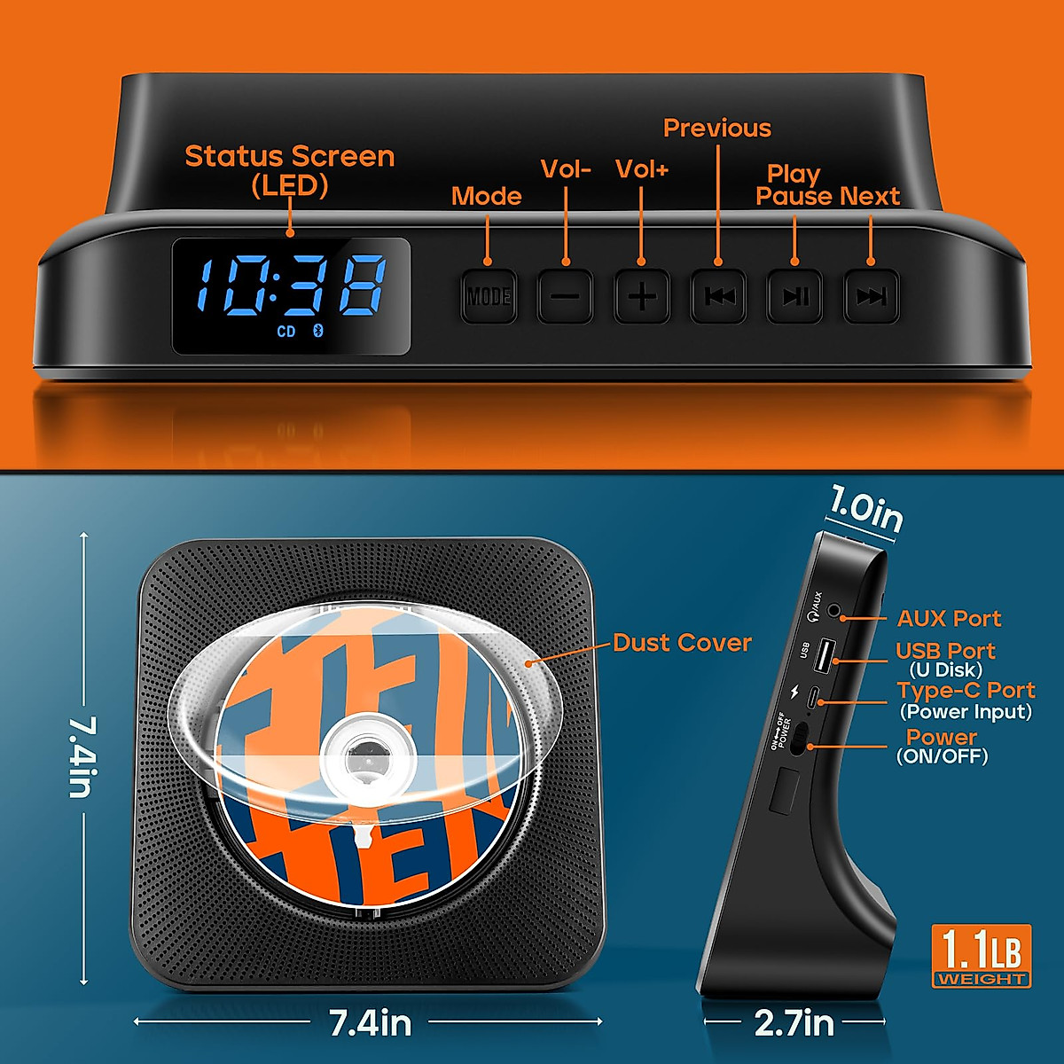 Kogoda Desktop CD Player Portable with Bluetooth,Dual Stereo Speakers, CD Music Player for Home with Remote Control,Dust Cover,FM Radio,LED Screen,3.5mm Jack AUX Input Output,Black,Gift