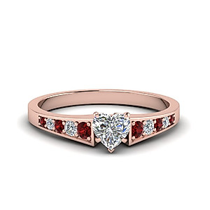 CustomizedGifts Graduated Pave Accent Diamond Ring rose gold plated Created Ruby Heart shape Red color Side Stone Engagement Rings pave Setting in Size 9 Handcraft Chakra Healing