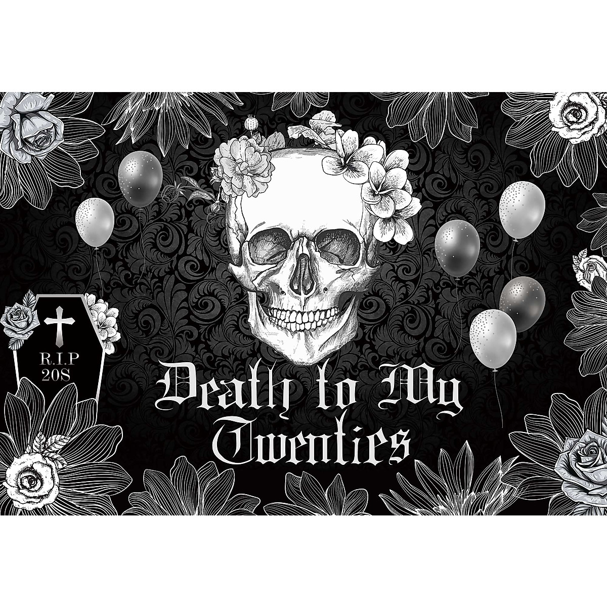 Hilioens 7×5ft Death to My Twenties Backdrop for 30th Birthday RIP to My 20s Youth Gothic Skull Coffin Black Party Background for Photography Girls Boys Halloween Thirties Birthday Banner Deocr