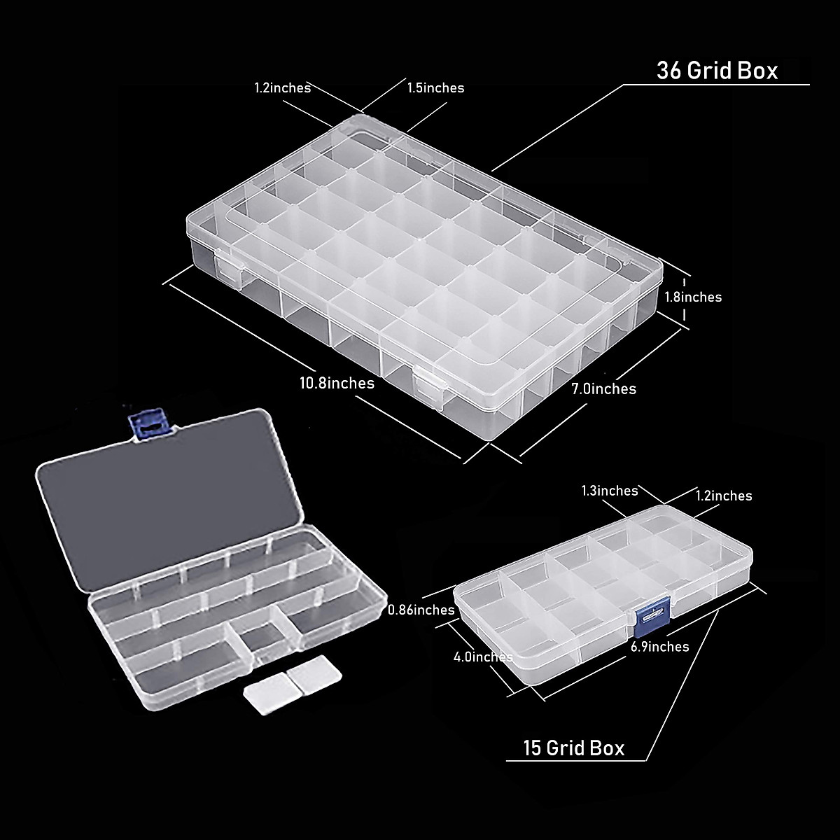 Snowkingdom Plastic Grid Box Storage Organizer Case for Display Collection with Adjustable Dividers - 3 Pack (1pc 36 Grids + 2pc 15 Grids) - Free Letter Stickers