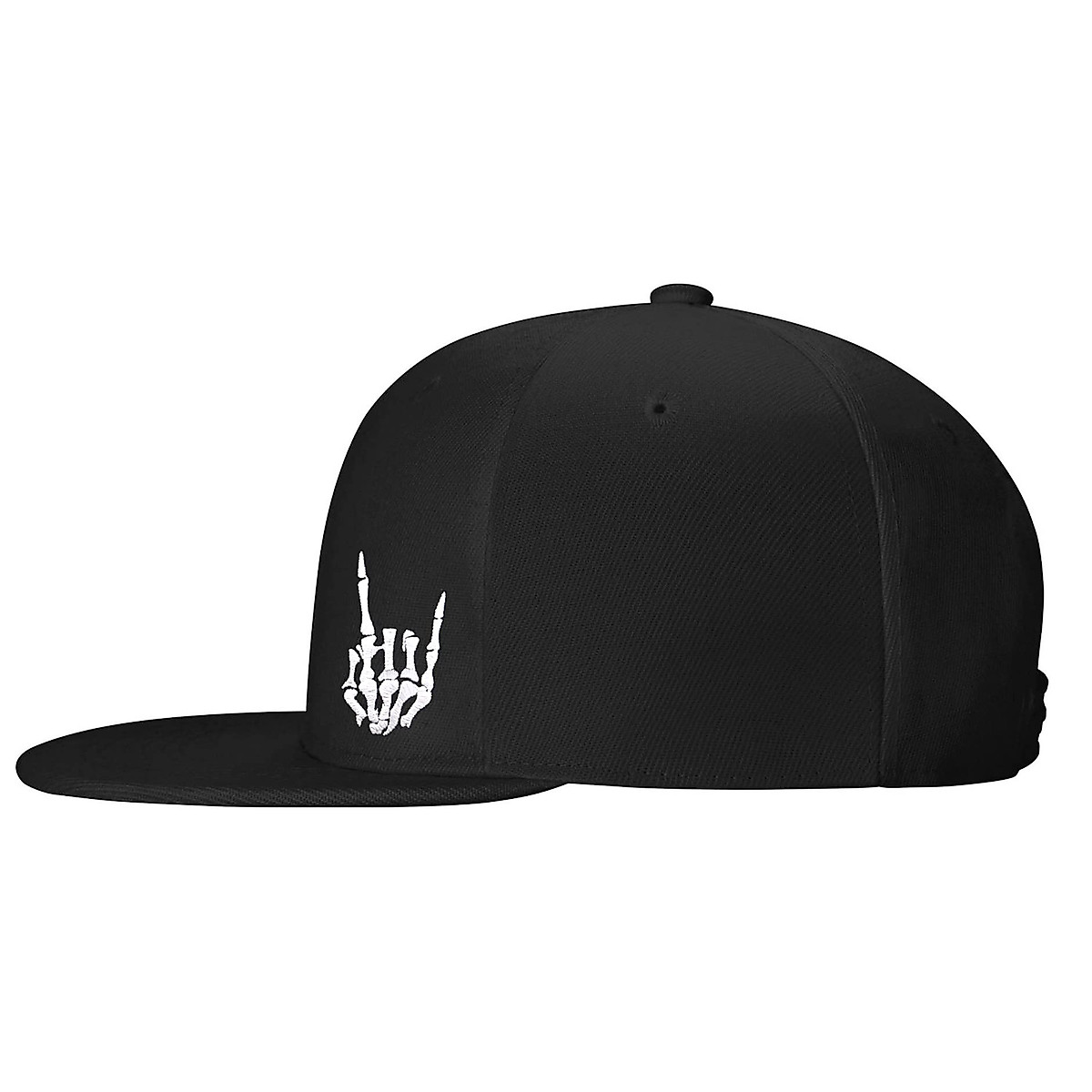 Skeleton Hand Hat, Embroidery Skull Finger Flat Brim Bill Baseball Cap Plain Adjustable Snapback Hats Black